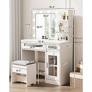 SECRET NATURAL Vanity Mirror with Lights Desk & Stool, Makeup Table Set with Drawers, Vanity Table for Bedroom with Storage Shelves & Acrylic Cabinet, 3 Lighting Modes Adjustable Brightness, White
