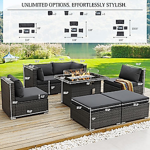 BULEXYARD Grey PE Wicker Patio Furniture Sectional Conversation Sofa Set with 43" Propane/Natural Gas Fire Pit Table, Large Size High Back Outdoor Furniture Set with Fireplace(7Pcs, Dark Grey)