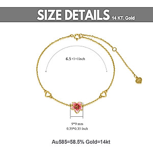 14K Solid Gold Cherry Blossoms Bracelet for Women,Yellow Gold Exquisite Heart Flower Anklet Bracelets,Anniversary Birthday Jewelry Gifts for Wife Mom 6.5''+1''+1''