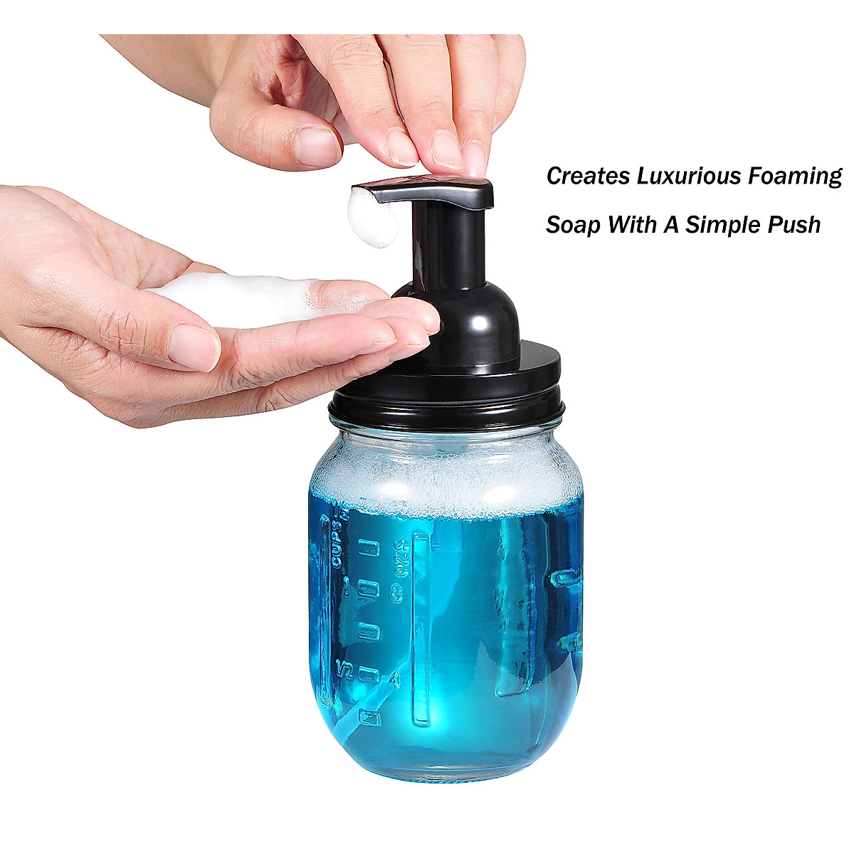Amolliar Mason Jar Foaming Soap Dispenser Pump, Plastic Foam Soap Pump Rustproof Stainless Steel Lid, Refillable Hand Soap, Waterproof Labels, Cute Farmhouse Decor, Bathroom Accessories, Black 2 Pack