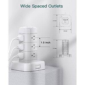 Power Strip Tower Surge Protector - 10 FT Extension Cord with Multiple Outlets, 12 Outlets 4 USB Ports Electric Power Tower, Flat Plug, Desktop Charging Station for Office Home Dorm Essentials White