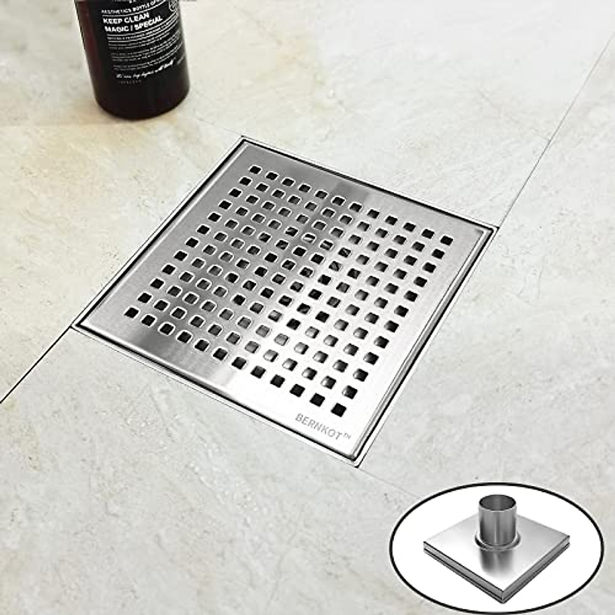 Bernkot Square Shower Drain 6", 304 Stainless Steel Floor Drain w/Hair Strainer, Grid Shower Drain w/CUPC Certified, Brushed