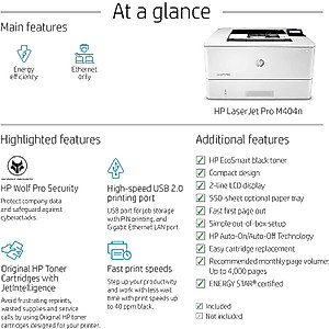 HP Laserjet Pro M404n Single-Function Wired Monochrome Laser Printer, White - Print only - 40 ppm, 4800 x 600 dpi, 256MB Memory, 8.5 x 14, Ethernet, Cbmou Printer_Cable