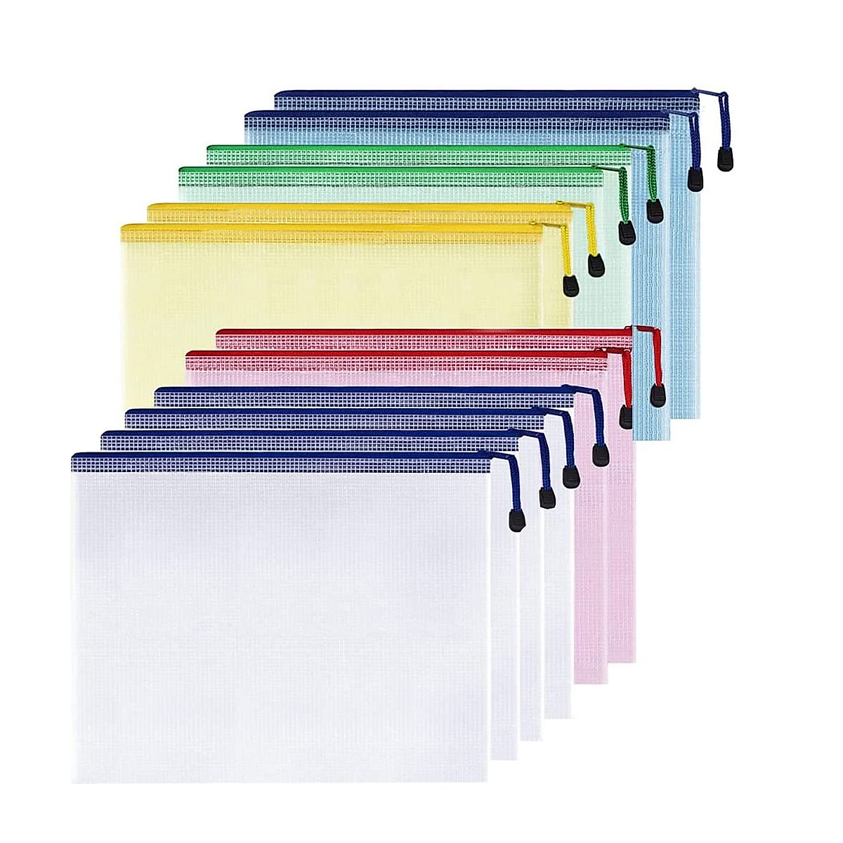 ZYHW Mesh Zipper Pouch, 16.9x12.4 in (5 Colors, 12 Packs), Plastic Zipper Bags, Waterproof Zipper Pouches for School Office Supplies, Puzzles, Board Games & Cross Stitch Projects