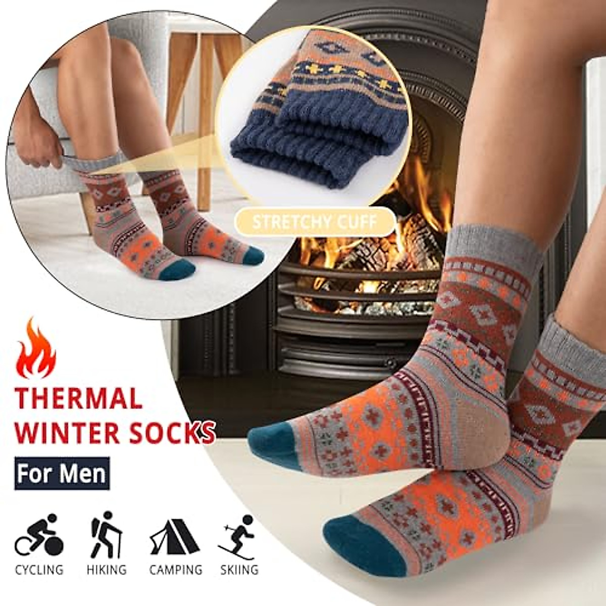 COOVAN Mens Wool Socks 5 Pairs Warm Thick Winter Wool Socks for Men Hiking Cozy Knit Thermal Crew Socks