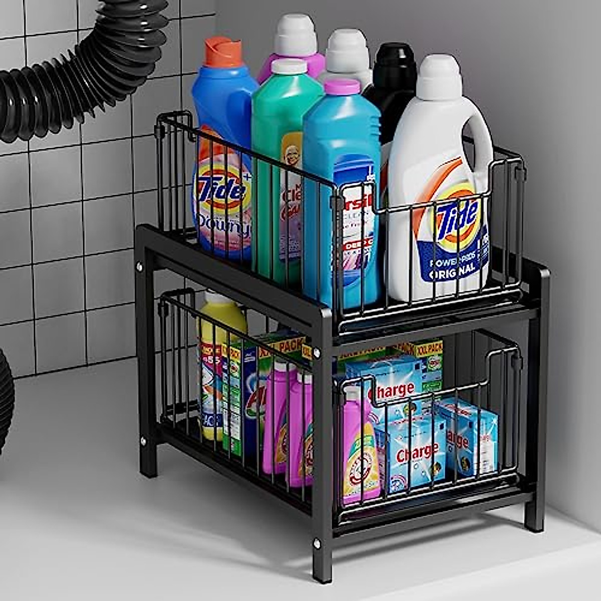 Lxmons 2 Tier Basket Drawer Organizer, Pull Out Under Sink Cabinets , Metal Home Organizer Shelf for Bathroom or Kitchen, Sliding Countertop or Pantry Storage shelf, Large Black