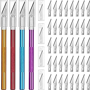 4 Pieces Craft Knife Hobby Knife with 40 Pieces Stainless Steel Blades Kit for Cutting Carving Scrapbooking Art Creation (Yellow, Red, Blue, Rose Red)