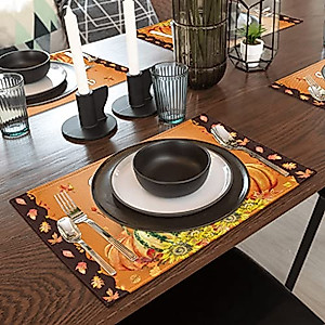 Thanksgiving Placemats Set of 6, Fall Pumpkin Sunflower Heat Resistant Dining Table Placemats, Autumn Leaf Macrame Square Washable Wipeable Linen Fabric Cloth Place Mats for Holiday Kitchen Decor