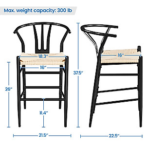 Yaheetech 26'' Weave Counter Stool Set of 2 Bar Stool Mid-Century Modern Metal Barstool Counter-Height Stool Slat Backrest Dining Chair, Black