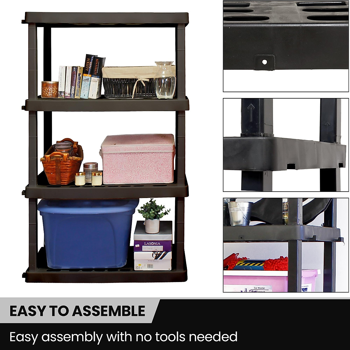 Oskar 4 Tier Plastic Shelf, Garage Shelving Unit, Rack and Storage Shelves - Ideal for Storage Shed, and Shelf Organizer - Perfect for Garage Storage and Shelving Solutions, Black