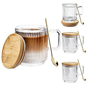 Rechano [4 Pack, 12 oz] Glass Coffee Mugs with Lids and Spoon, Ribbed Drinking Glass, Vertical Stripes Glass Tea Cup, Coffee Bar Accessories, Iced Coffee Glasses, Ideal for Cappuccino, Latte, Tea