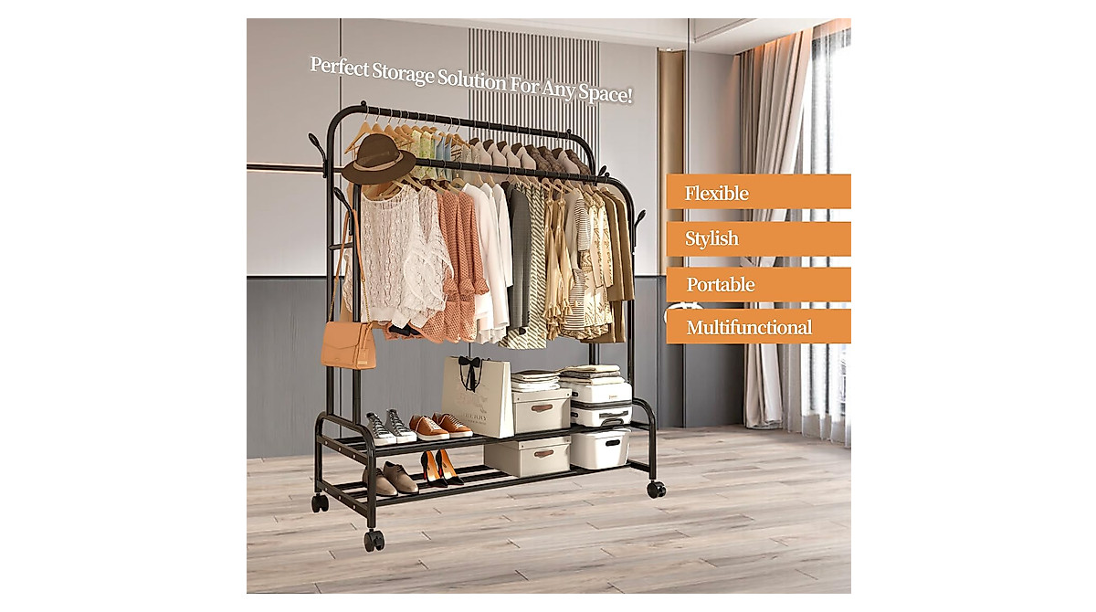Antiwar Heavy Duty Metal Clothes Rack with Shelves and Wheels
