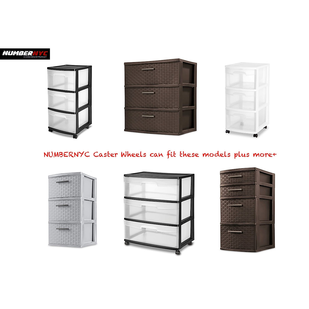 4 Caster Wheels for Plastic Drawers Carts & Storage Drawer Units 2" Replacement Casters by NUMBERNYC