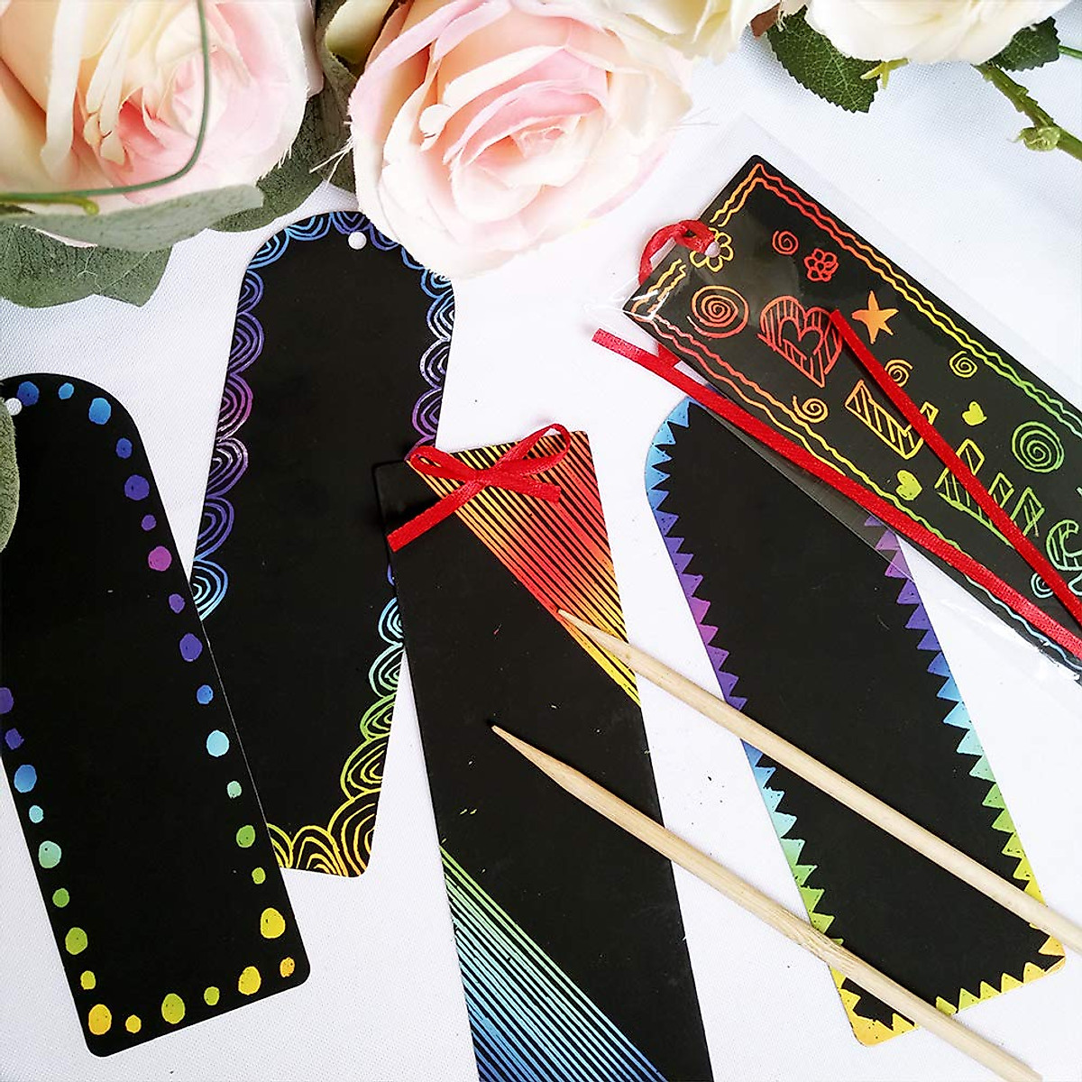 Supla 36 Set 2 Style Magic Scratch Rainbow Bookmarks Making Kit for Kids Students Party Favor Scratch Paper DIY Bookmarks Bulk with Scratching Tools Satin Ribbons for Classroom Activities