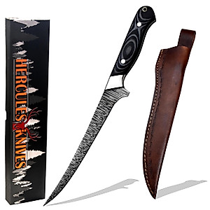 Hercules Knives Custom Hand Forged Damascus Steel Fillet Knife Fisherman's Filet G-10 Micarta Handlle Leather Sheath Fixed Blade Handmade Knife Ultra Sharp Edge(Damascus Steel)