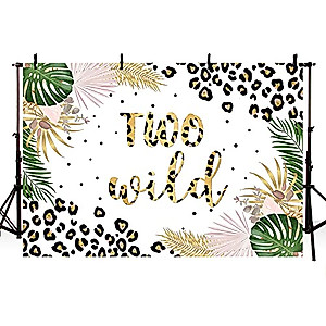 MEHOFOND Two Wild Backdrop for Girls Leopard Pink Jungle Safari Theme 2nd Birthday Party Decoration Background Tropical Leaves Leopard Print Cake Table Banner Supplies 7x5ft