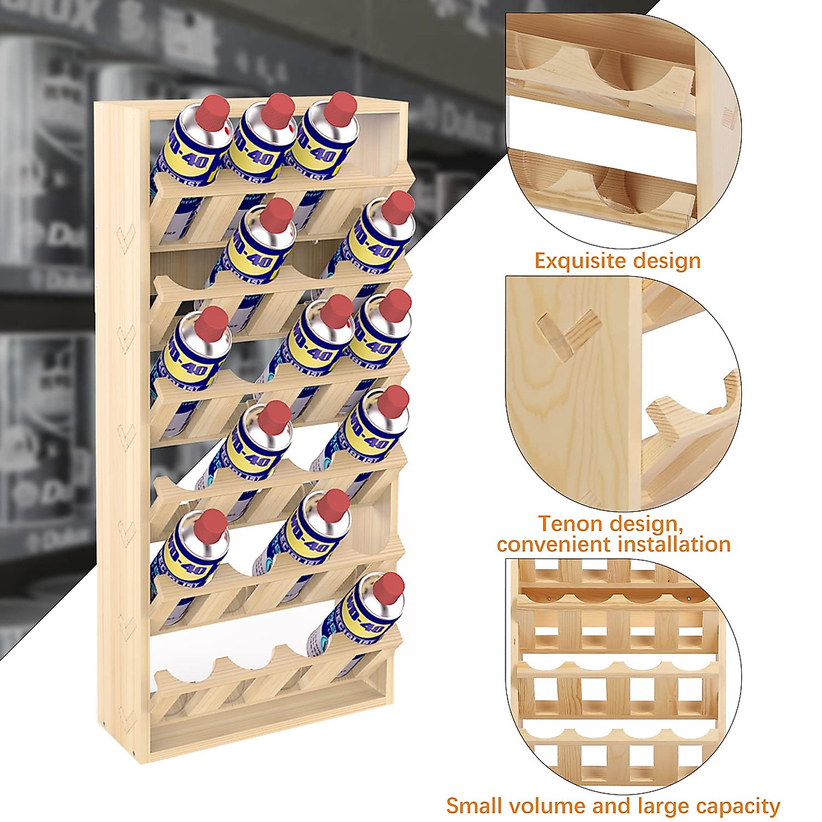 MYOYAY 24 Can Spray Paint Can Storage Holder 6-Tier Wooden Wall Mount Can Rack Aerosol Spray Can Organizer Spray Bottle Holder for Garage and Craft Workroom 14.2" L x 5" W x 30" H