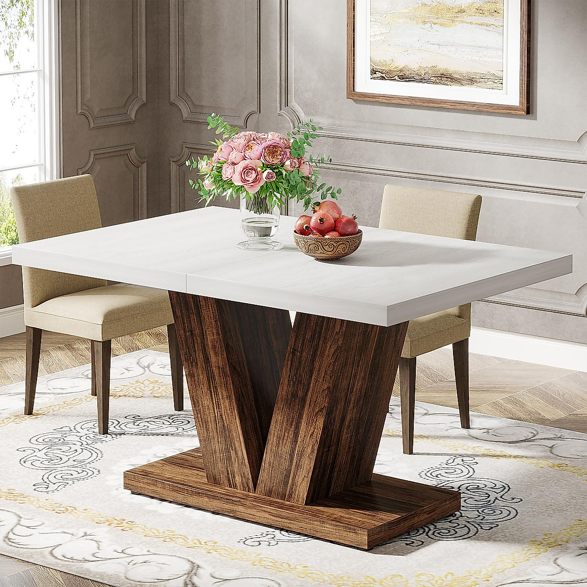 Tribesigns 47-Inch Dining Table for 4, White Kitchen Dinner Table with Heavy Duty Pedestal, Farmhouse Wooden Eating Table for Home, Dining Room, Small Space