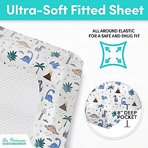 La Premura Baby Crib Bedding Set for Boys – Dinosaur 3 Piece Standard Size Nursery Crib Comforter Set, Grey/Blue - Unisex Baby Nursery Bedding and Neutral Decor