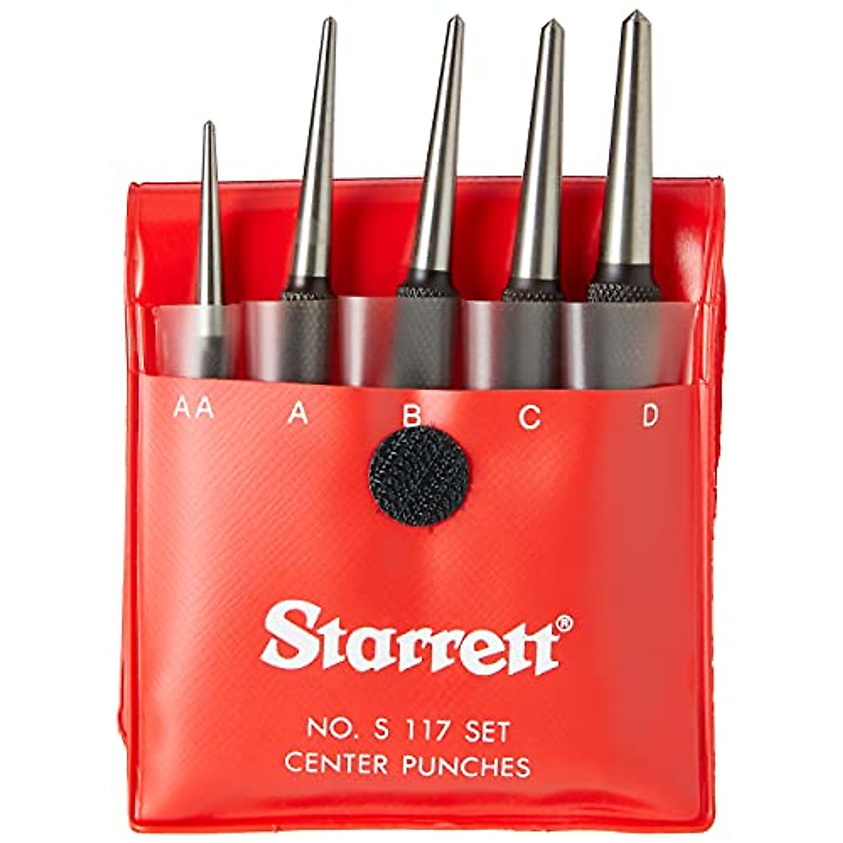 Starrett Steel Center Punch with Round Shank and Knurled Finger Grip - Hardened and Tempered Steel, 0-4-inch Length, 1/16, 5/64, 3/32, 1/8, 5/32 Diameter Tapered Point, 5 Pieces - S117PC