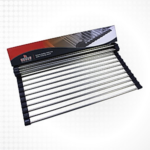 R RESERVE Upgraded, Roll up Dish Drying Over The Sink Rack Mat with Stainless Steel Wires, Rollable, Large, Black/Silver, (15.5" x 23")