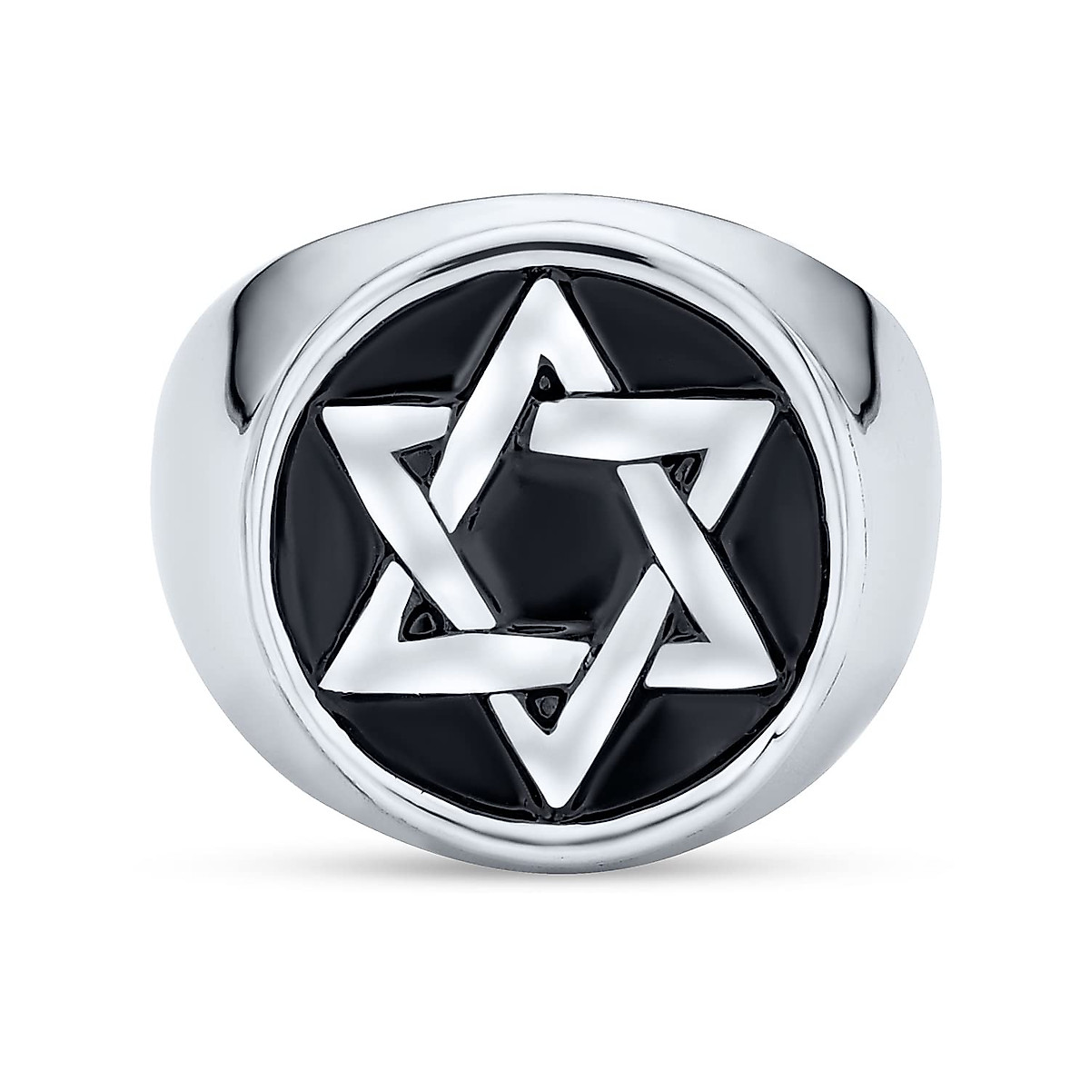 Bling Jewelry Personalize Large Statement Religious Magen Judaic Hanukkah Star of David Bar Mitzvah Round Signet Band Ring for Men Enamel Silver Tone Stainless Steel Custom Engraved