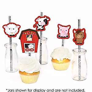 Farm Animals Paper Straw Decor - Baby Shower or Birthday Party Striped Decorative Straws - Set of 24