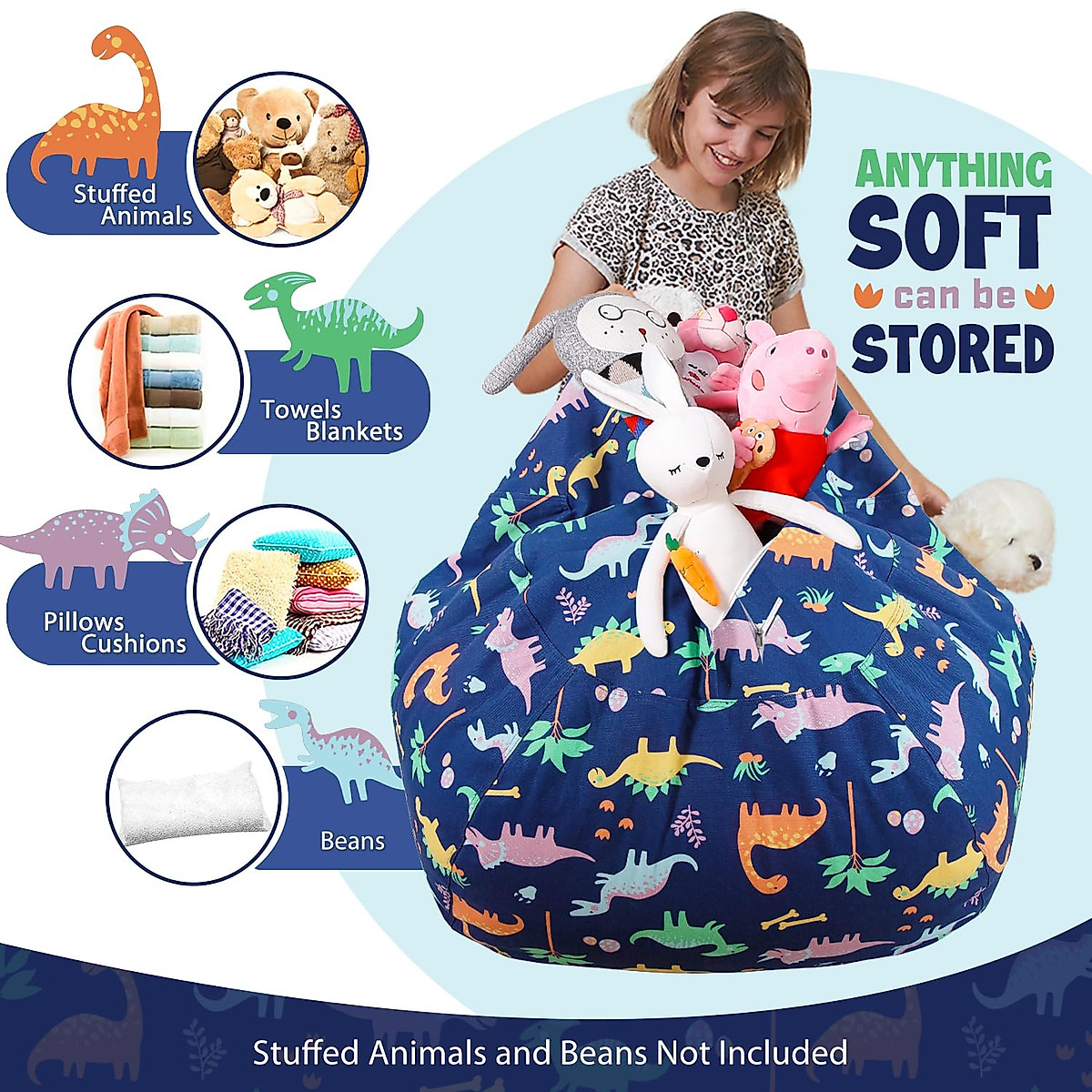 Aubliss Stuffed Animal Storage Bean Bag Chair Cover for Kids, Dinosaur Zipper Beanbag Chair Cover for Organizing Toddler and Kids' Rooms Plush Toys (Dinosaur,X-Large48)