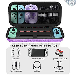 Glitter Carrying Case for Nintendo Switch and Switch OLED Console,Purple Hard Travel Case Shell Pouch for Nintendo Switch Console & Accessories,Protective Carry Case Compatible with Nintendo for Girls