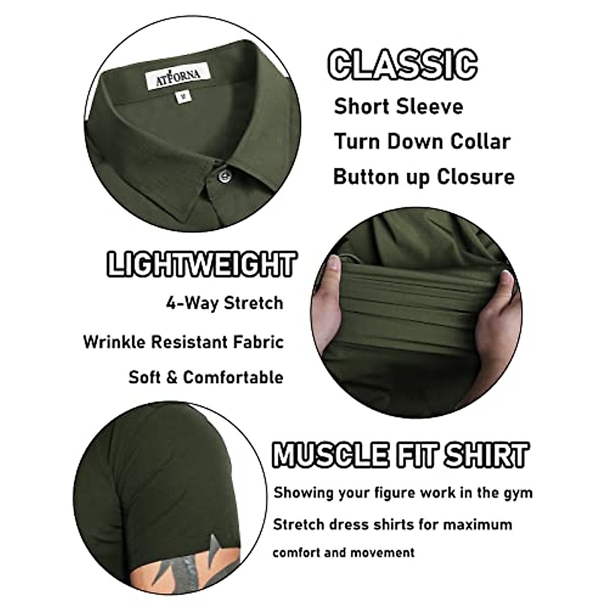 ATFORNA Men's Dress Shirt Slim fit Button Down Shirts Summer Short Sleeve Blouses Tops Men Clothes Green