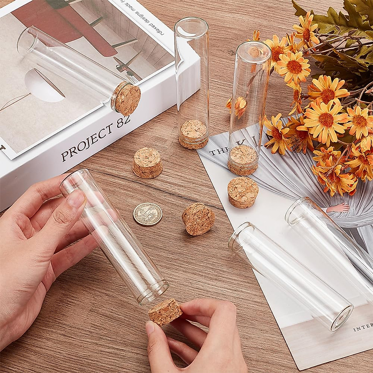 BENECREAT 10 Pack 60ml Glass Test Tube with Cork Stopper Clear Flat Mini Glass Bottles Jars for Wedding Party Favors, Candy, Spices, Beads, Mother's Day Home Decor