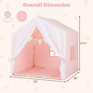 HONEY JOY Kids Play Tent, Toddler Tent Indoor Playhouses with Mat, Windows, Curtain, Solid Wood Frame, 52" x36" x 52", Large Children Princess Castle Play Tent for Boys Girls (Pink)