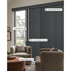 Graywind Manual Sliding Panels 100% Blackout Privacy Panel Track Blinds Wand Control Window Blinds for Patio Sliding Glass Door Large Windows Width Up to 153", Custom Size (Dark Grey)
