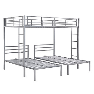 RUNWON Meta L Shaped Triple Bed, Solid Full Over Twin&Twin Bunk Bedframe with Built-in Shelf and 2 Ladders for 3 Kids Teens