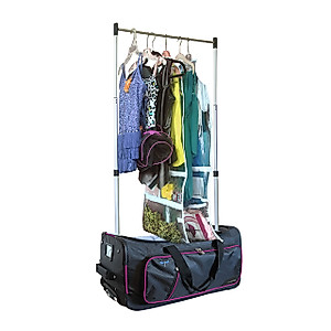 Travolution Dance Bag with Garment Rack, 24 Inch Rolling Duffel With Wheels, Ideal for Competitions & Travel, Easy-assembly Lightweight Aluminum Clothes Rack, Wheeled Upright Luggage, Black/Pink