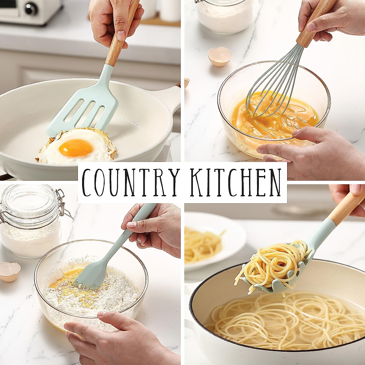 Country Kitchen Cooking Utensils Set - 40 pcs Non-stick Silicone Spatula Set with Holder, Wooden Handles and Heat Resistant Gadgets Utensil