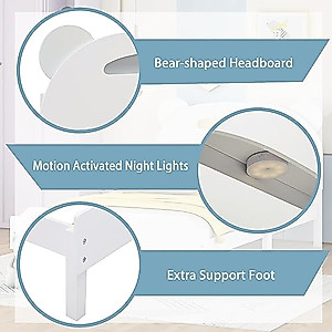 Twin Size Platform Bed with Bear-Shaped Headboard, Wood Frame Bed with Motion Activated Night Lights, Children Beds for Bedrooms, White