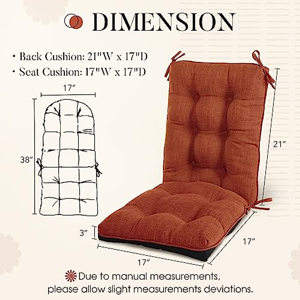 Basic Beyond Rocking Chair Cushions Set of 2, Porch Rocker Cushions for Wooden Rocking Chairs Outdoor with Thick Padding, Back Cushion with Ties, Tufted Seat Cushion with Non-Slip Backing(Rust)