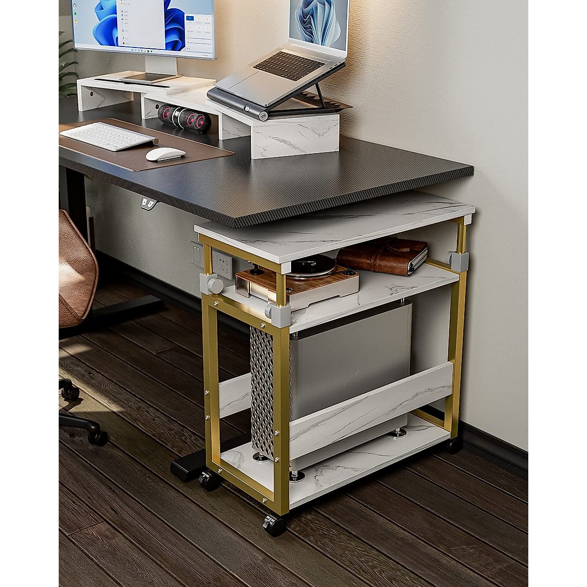 HMFOR Computer Tower Stand with Height Adjustable, PC Stand for Under Desk, Moblie Computer Case Tower, 3-Tier Computer Cart with Rolling Wheels for Home Office Gaming Case, Faux White Marble