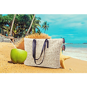 COOKOOKY Straw Beach Bag Summer Handmade Woven Shoulder Tote Bags Purse for Women (Square Khaki Bag)