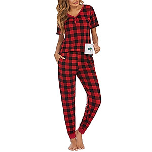 Ekouaer Pajamas Set Womens 2 Piece Lounge Set Short Sleeve Pjs Joggers Pants Sleepwear with Pockets Red Plaid