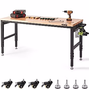 VEVOR Adjustable Workbench, 72" L X 25" W Garage Worktable with Universal Wheels, 28-39.5" Heights & 3000 LBS Load Capacity, with Power Outlets & Hardwood Top & Storage & Foot Pads, for Office Home