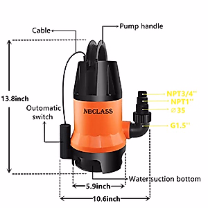 NBCLASS Electric Submersible Sump Pump 1HP 3300GHP for Swimming Pool&Cover Cellar Pond Flood Drain/Automatic on-off With Water Level Sensor and 25ft Cable