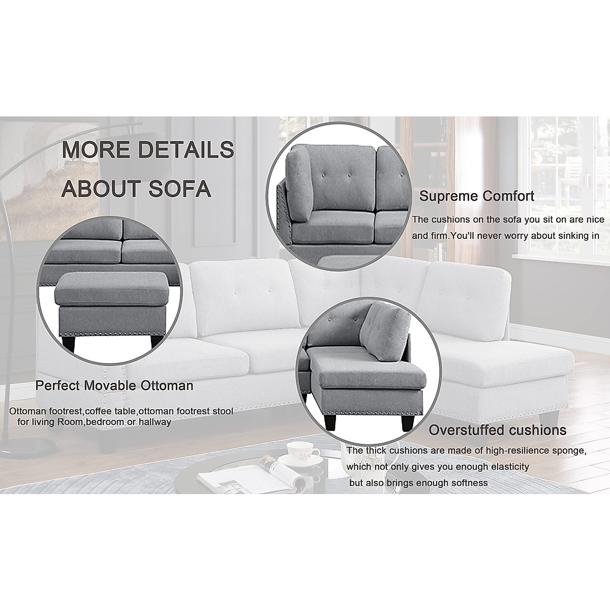 BEEY Modular Sectional Sofa Couch with Reversible Chaise, 3-Seat L Shaped Sectional Couch with Ottoman for Living Room, Right Facing Couch, Light Grey