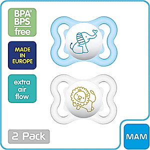 MAM Mini Air Pacifiers, Sensitive Skin Pacifier 0-6 Months for Breastfed Babies, Baby Boy Pacifiers, 2 Count (Pack of 1), Designs May Vary