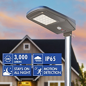 Wagan EL8591 3000 Lumen LED Solar Street Light with Remote Control Outdoor Solar Powered Flood Light Dusk to Dawn Waterproof Weatherproof Motion Sensor for Outdoor Garden Yard Path Parking Lot
