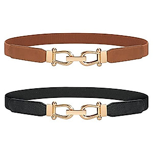 JASGOOD 2 Pack Women Stretchy Waist Belt Retro Elastic Skinny Belt for Ladies with Gold Buckle