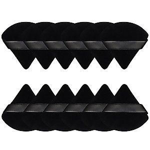 Pimoys 12 Pieces Powder Puff Face Triangle Makeup Sponge for Loose Powder Setting Powder Velour Foundation Blender Sponge Beauty Makeup Tool, Black