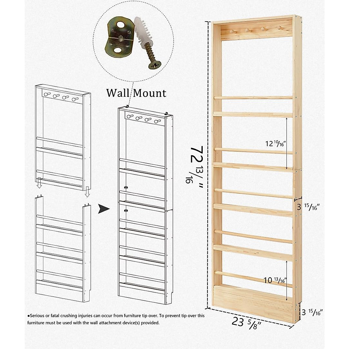morimoe Wooden Kids Bookshelf, Wall Mount Shelf with Hooks, Organizer for Toys and Books, Space-Saving