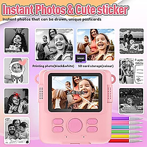 ESOXOFFORE Instant Print Camera for Kids, Christmas Birthday Gifts for Girls Boys Age 3-12, HD Digital Video Cameras for Toddler, Portable Toy for 3 4 5 6 7 8 9 10 Year Old Girl with 32GB SD Card-Pink